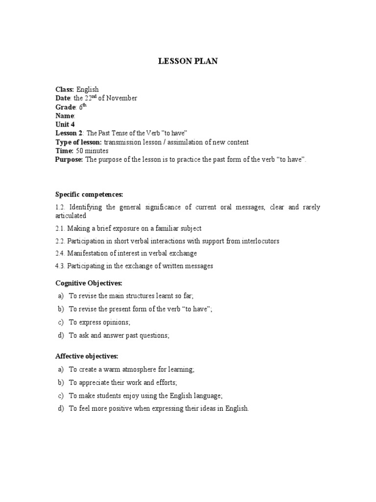 Lesson Plan: The Past Tense of The Verb "To Have" | PDF | Verb | Question