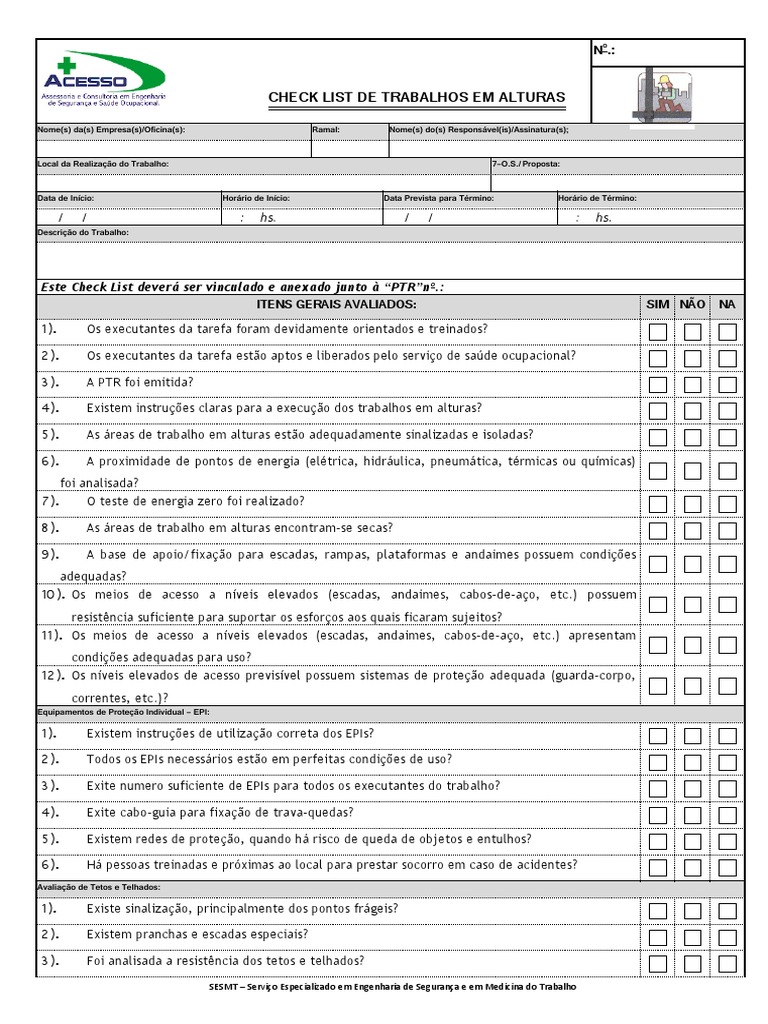 Cópia de Check List para Trabalho de Riscos em Alturas - ACESSO | PDF