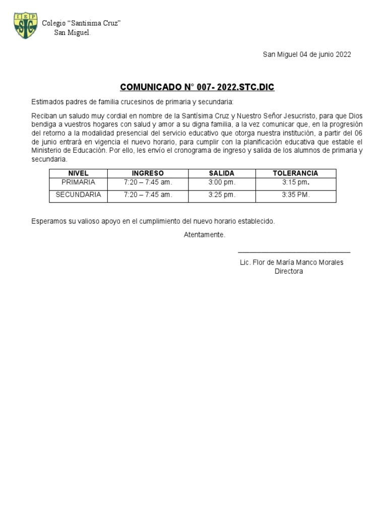 Comunicado N 007 - 008-2022 SOBRE NUEVO HORARIO ESCOLAR. | PDF