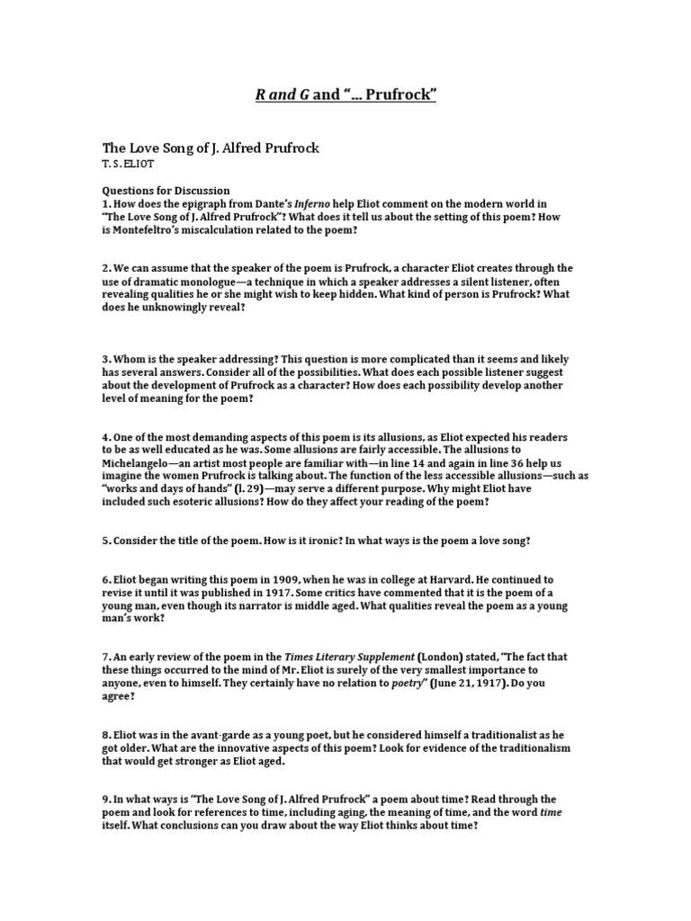 The Love Song of J. Alfred Prufrock: R and G and " Prufrock" | PDF ...