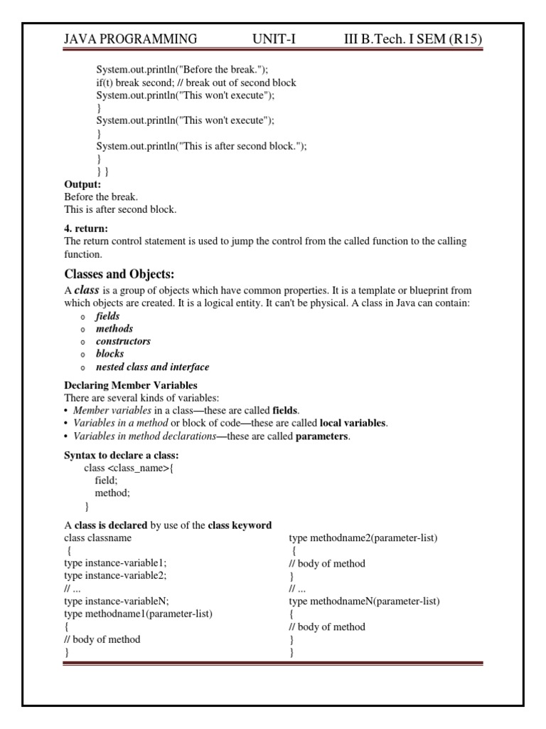 Java Programming Unit-I III B.Tech. I SEM (R15) : Classes and Objects | Download Free PDF ...