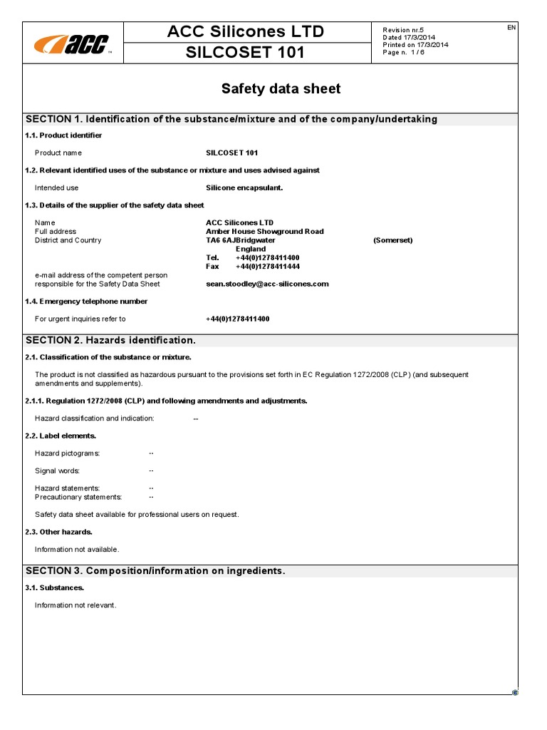 ACC Silicones LTD Silcoset 101: Safety Data Sheet | PDF | Dangerous Goods | Firefighting