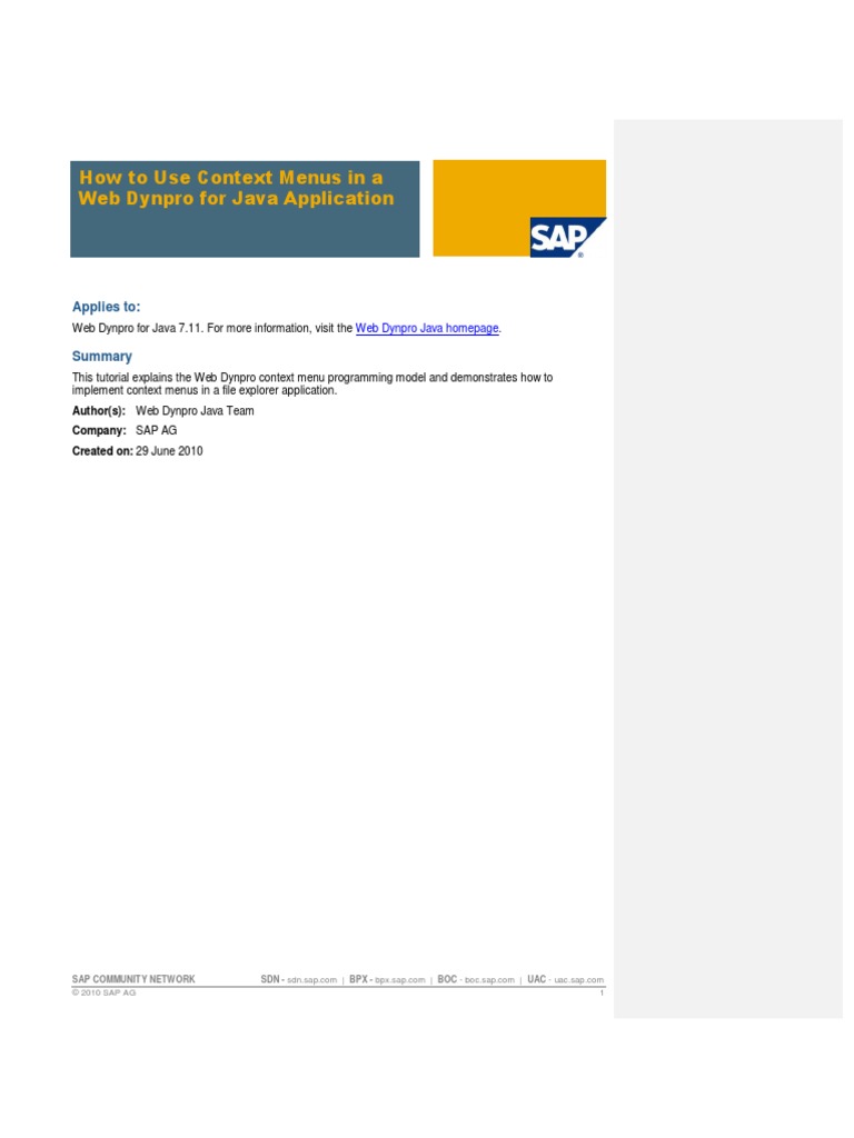 Use Context Menus In A Web Dynpro For Java Application Pdf Menu Computing World Wide Web