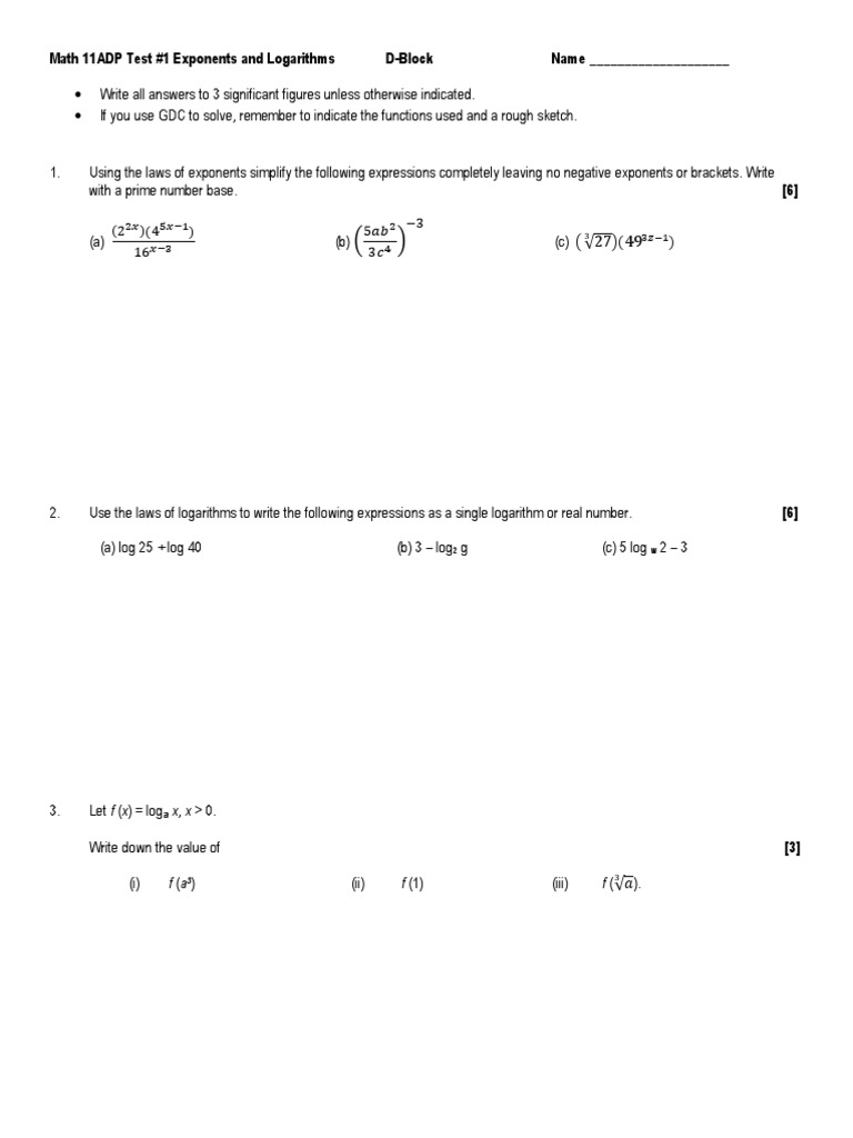 Exponents and Logarithms Test 1 | PDF | Logarithm | Exponentiation