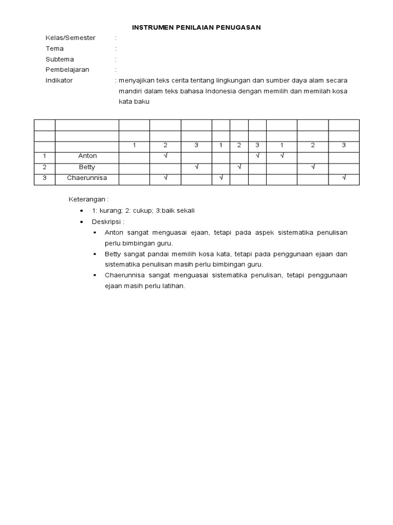 Contoh Instrumen Penilaian Siswa | PDF