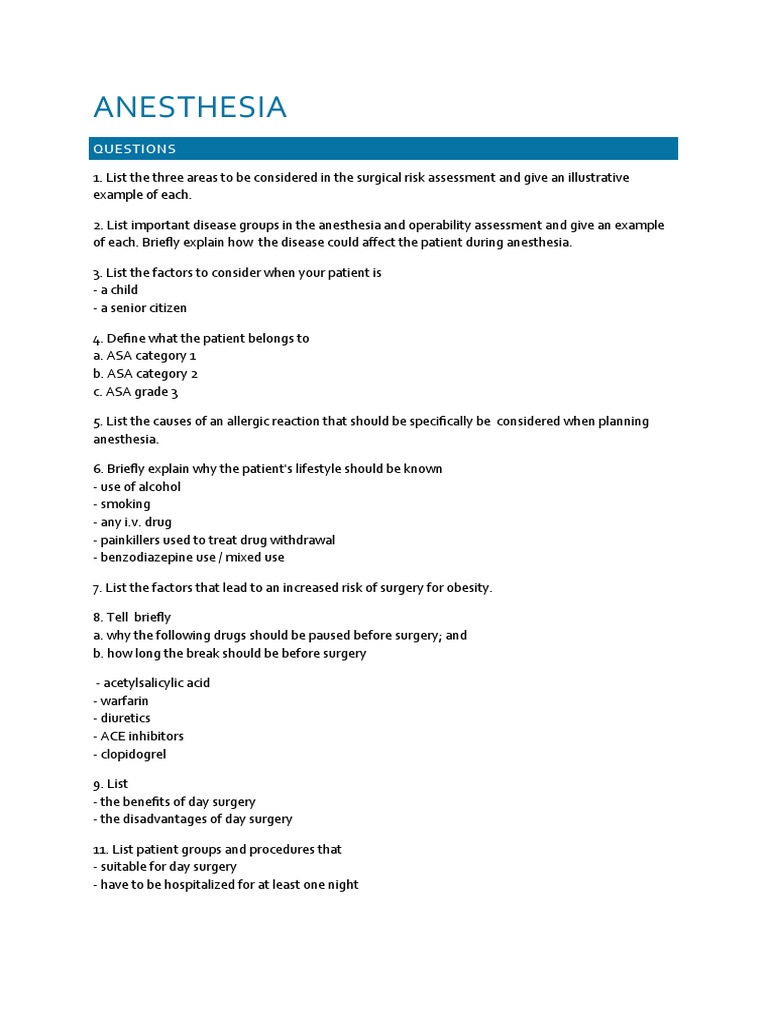 Anesthesia, Questions | PDF