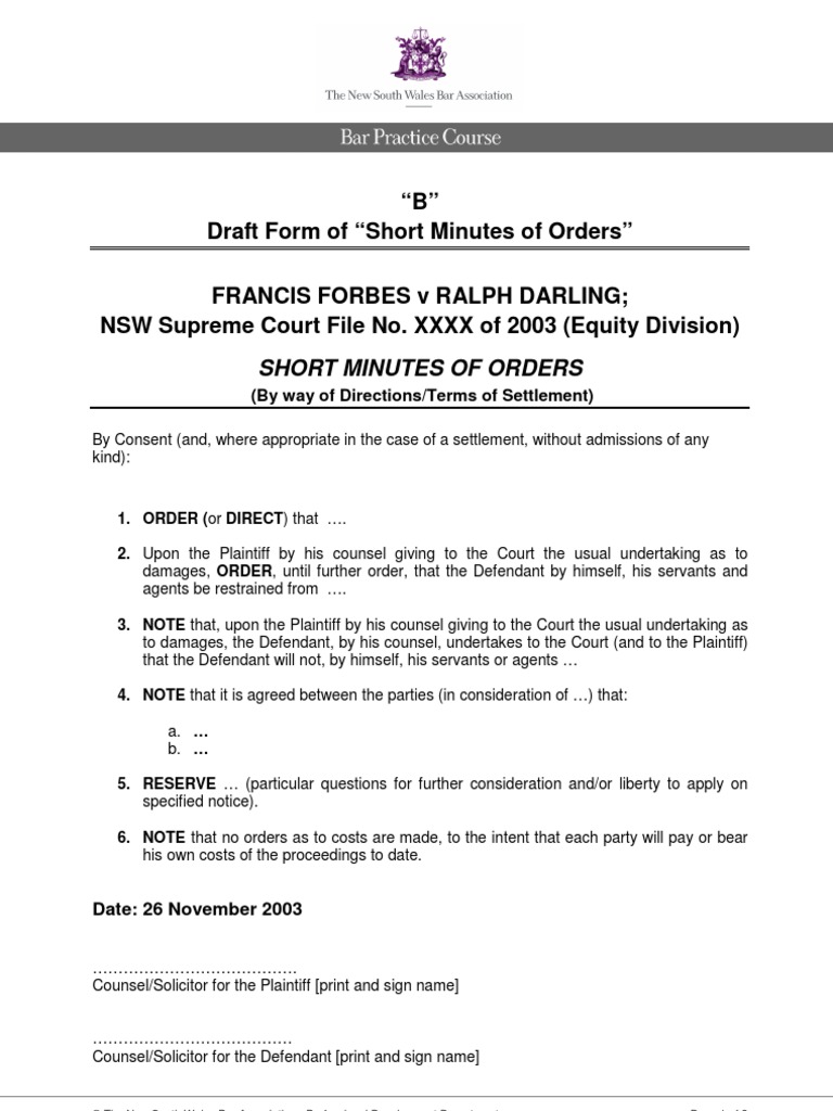 NSWLegal - Draft Form - Equity - Short Minutes of Order - Lindsay SC ...