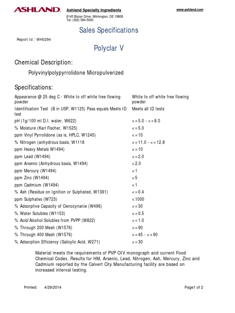 FT Polyclar V Sales Specs OIV | PDF | Chemical Compounds | Materials
