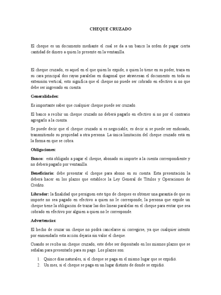 Qué es un cheque cruzado y su uso | PDF | Negocios | Finanzas y dinero