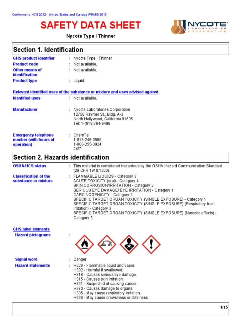 Safety Data Sheet for Nycote Type I Thinner | PDF | Toxicity | Firefighting
