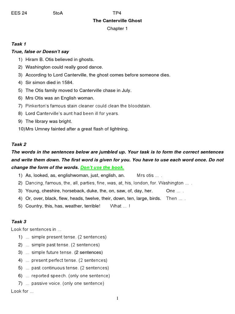 Oscar Wilde - The Canterville Ghost - Activities - Chapter 1 | PDF ...