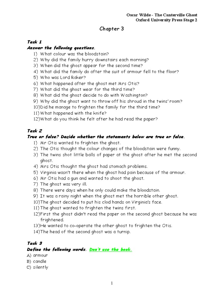 Canterville Ghost Chapter 3 Activities | PDF