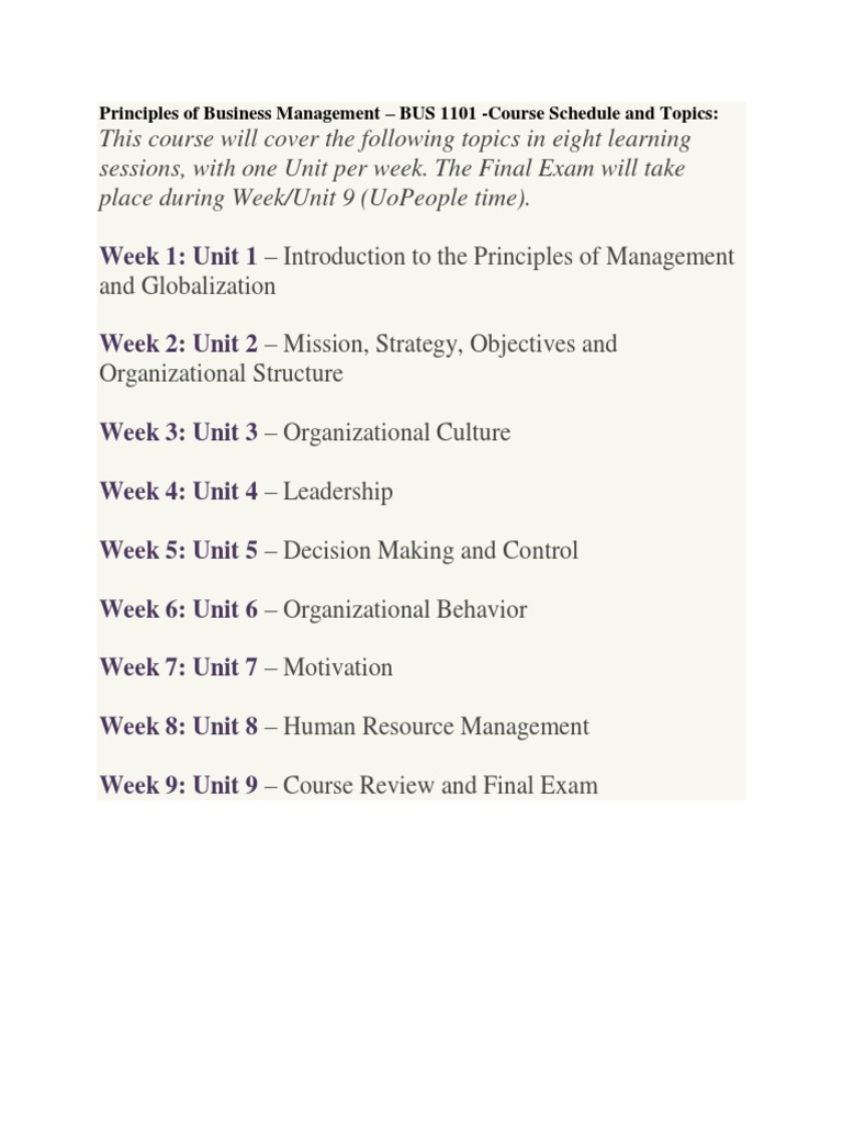 Principles of Business Management Course Schedule | PDF