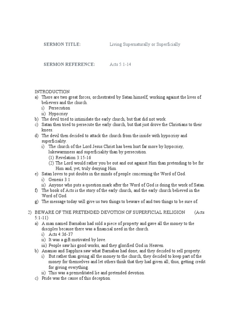 Sermon Title:: Living Supernaturally or Superficially | PDF | Satan | Jesus