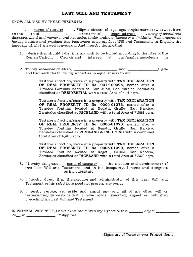 LAST WILL AND TESTAMENT Template | PDF | Will And Testament | Wills And ...