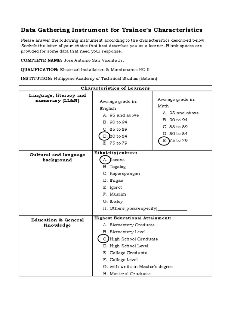 Data Gathering Instrument For Trainee | PDF | Learning Styles | Classroom