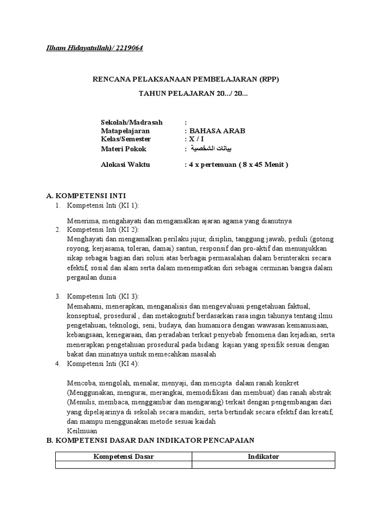 RPP Bahasa Arab k13 Kelas X | PDF