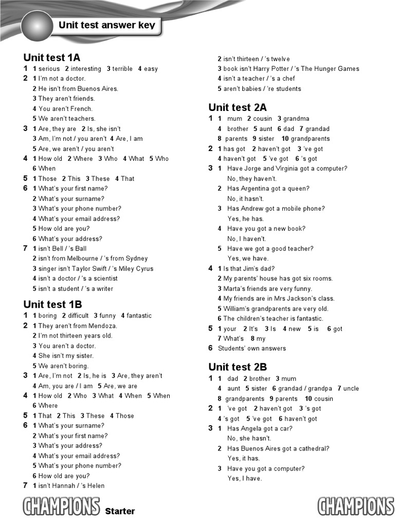 Champions Starter Unit Tests Answer Key | PDF | Grandparent