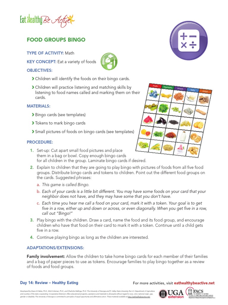 Food Groups Bingo: Type of Activity: Key Concept: Objectives | Download ...