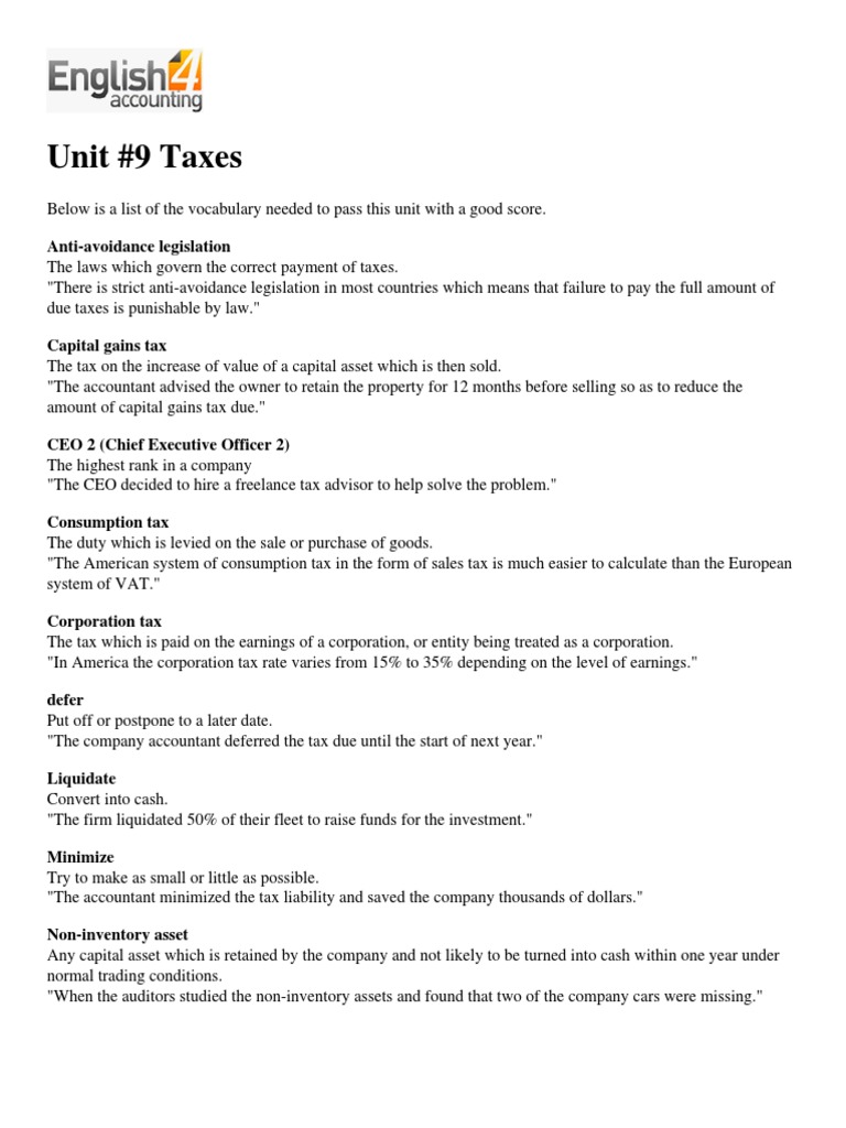 Unit 9 Vocabulary Sheet | PDF | Taxes | Capital Gains Tax