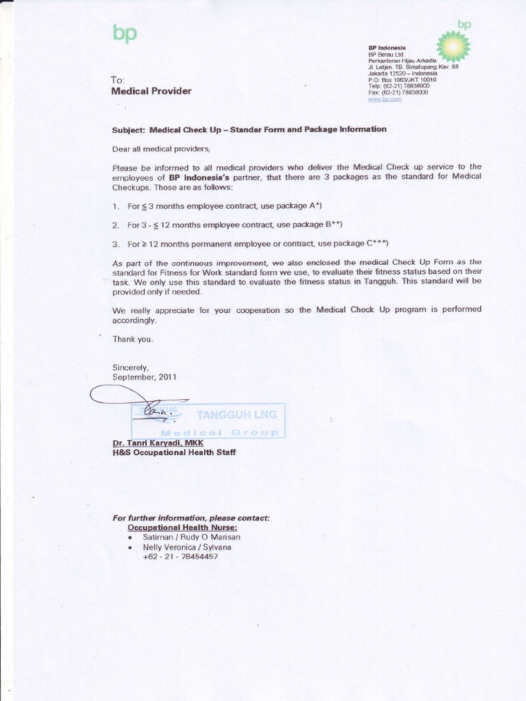 Standard Medical Check-Up Packages and Forms for BP Indonesia Partner ...