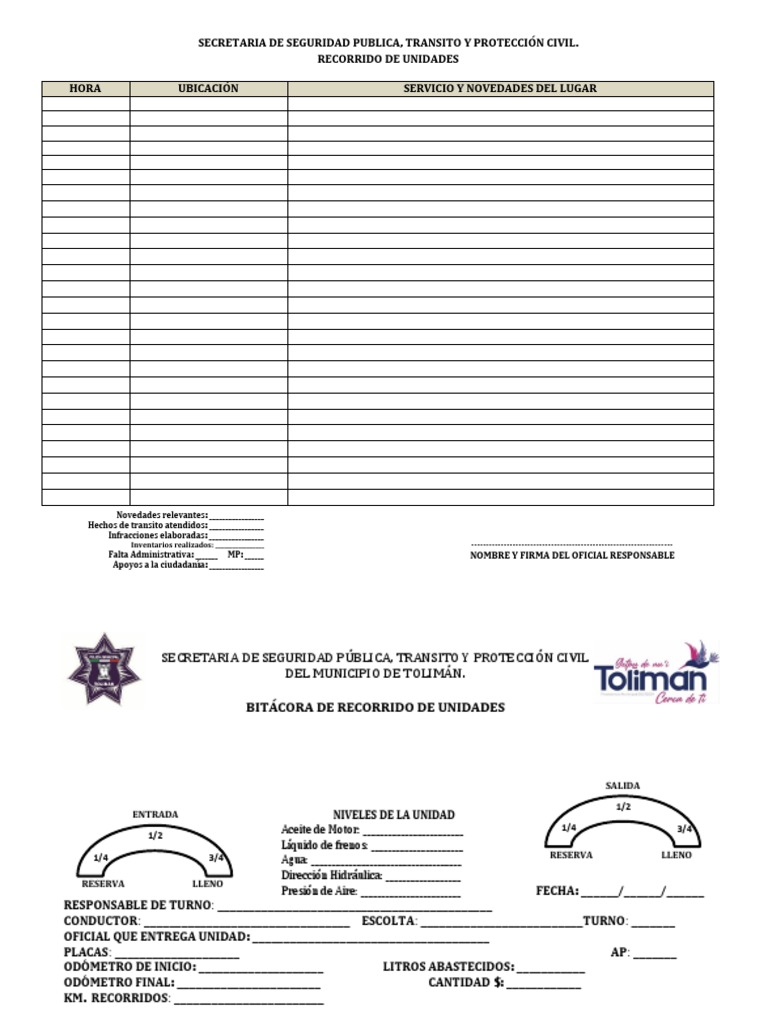 Bitácora de recorrido de unidades de la Secretaría de Seguridad Pública ...