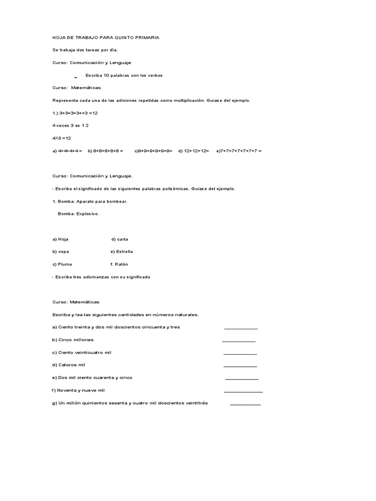 Hoja De Trabajo Sobre La Materia, Quinto Grado