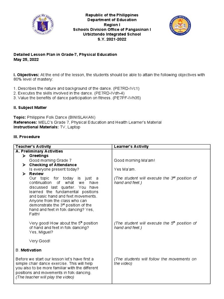 Binislakan Folk Dance Lesson Plan | PDF | Dances | Lesson Plan