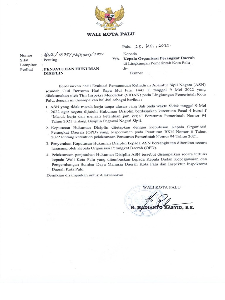 Surat Penjatuhan Hukdis Sidak TGL 9 Mei 2022 Dan Hasil Laporan Sidak | PDF