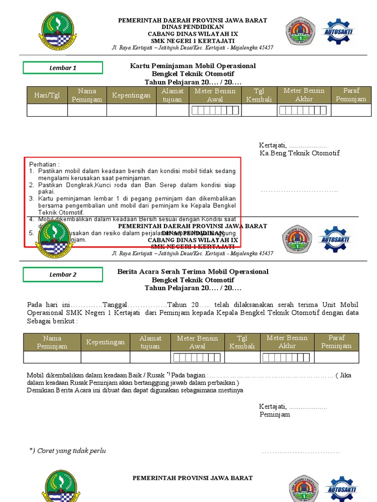 Peminjaman Mobil Operasional | PDF