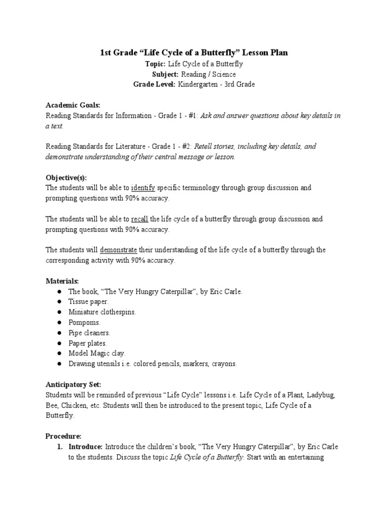 Butterfly Life Cycle Lesson Plan | PDF | Butterfly | Lesson Plan