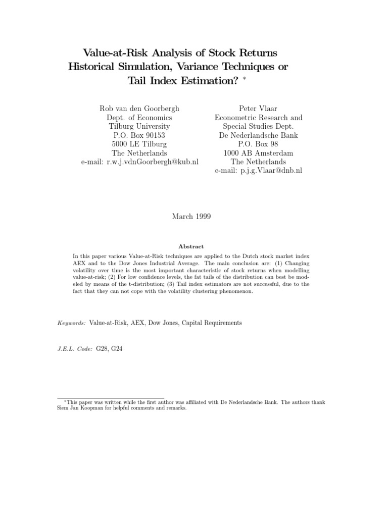 Value At Risk Analysis Of Stock Returns Historical Simulation Variance