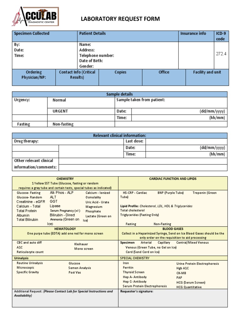Laboratory Request Form: Specimen Collected Patient Details Insurance ...