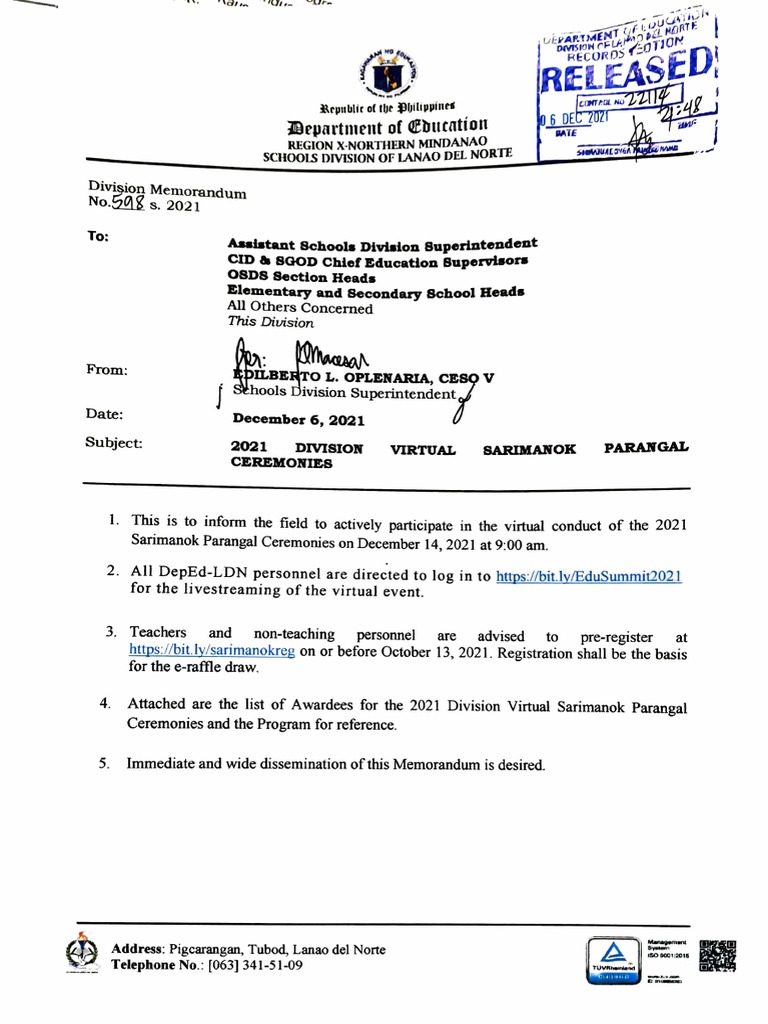 2021 Division Virtual Sarimanok Parangal Ceremonies | PDF