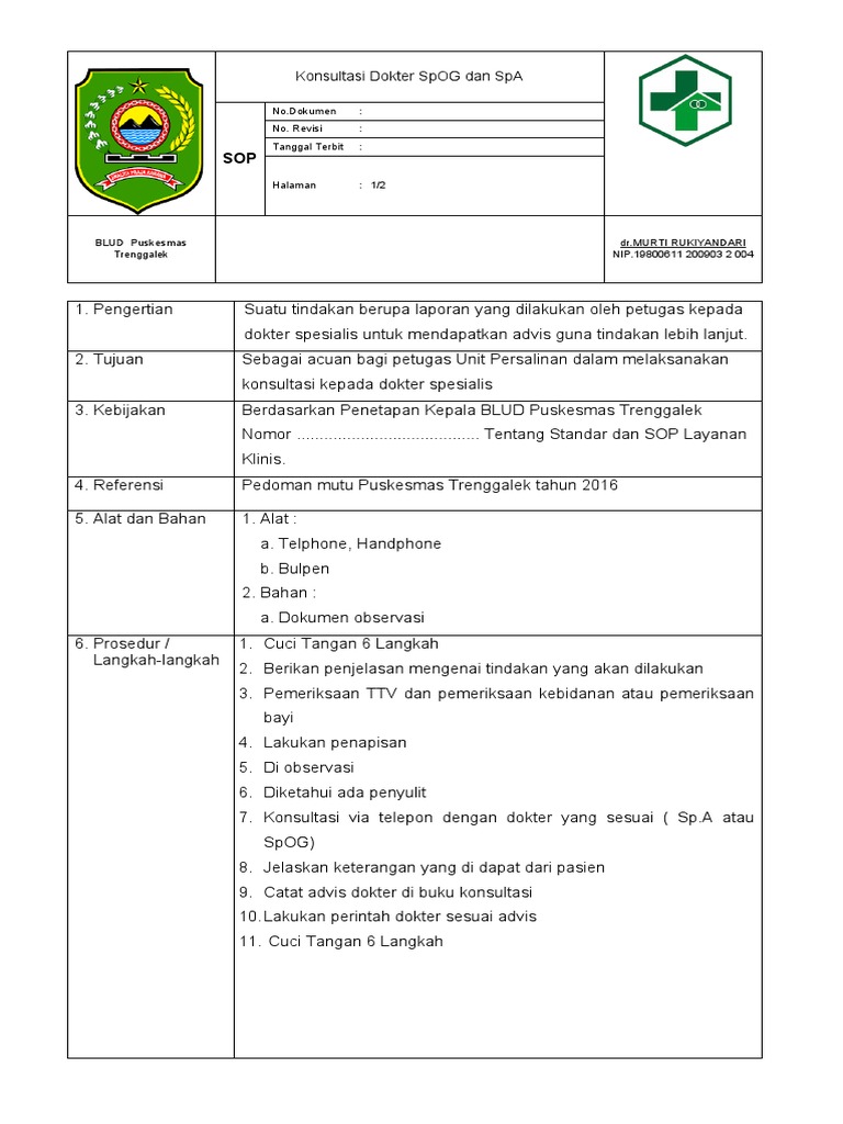 SOP Konsultasi Dokter SpOG Dan SpA (CIPIT) | PDF | Kesehatan Holistik | Sains & Matematika