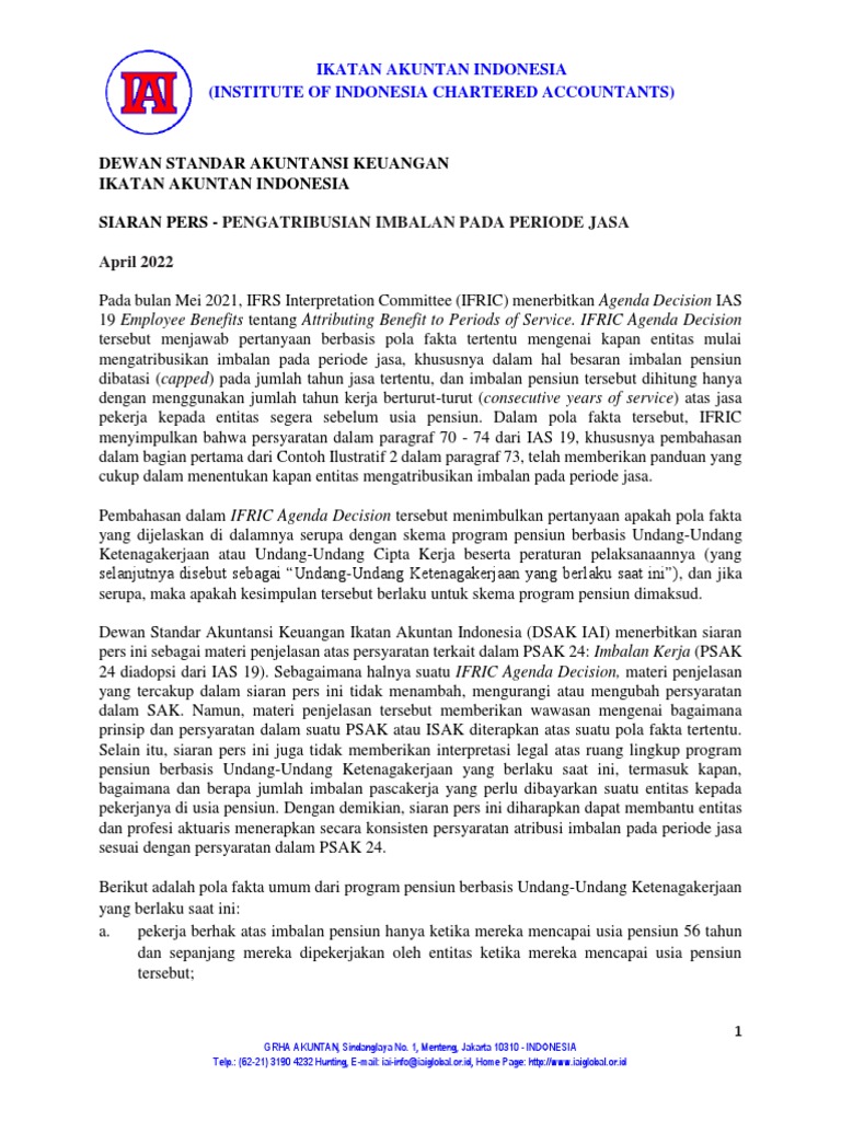 Siaran Pers Dsak Iai - Psak 24 - Pengatribusian Imbalan Pada Periode Jasa - April 2022 | PDF ...