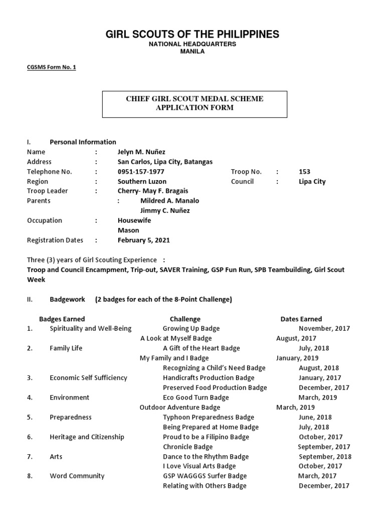 Girl Scouts of The Philippines: National Headquarters Manila CGSMS Form No. 1 | PDF | Scouting ...