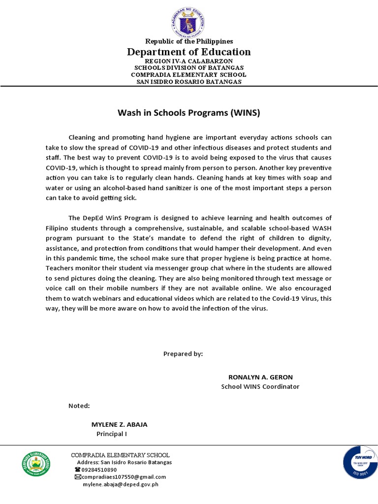 Department of Education: Wash in Schools Programs (WINS) | PDF ...