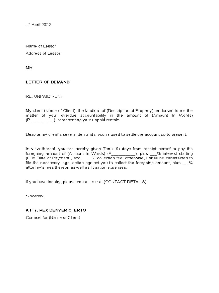 Demand Letter (Unpaid Rent) | PDF