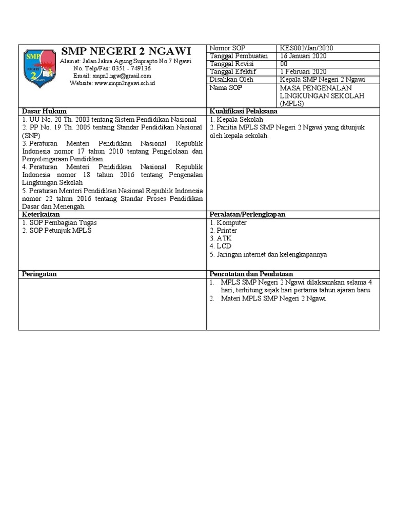 SOP MPLS SMP Negeri 2 Ngawi 2020 | PDF