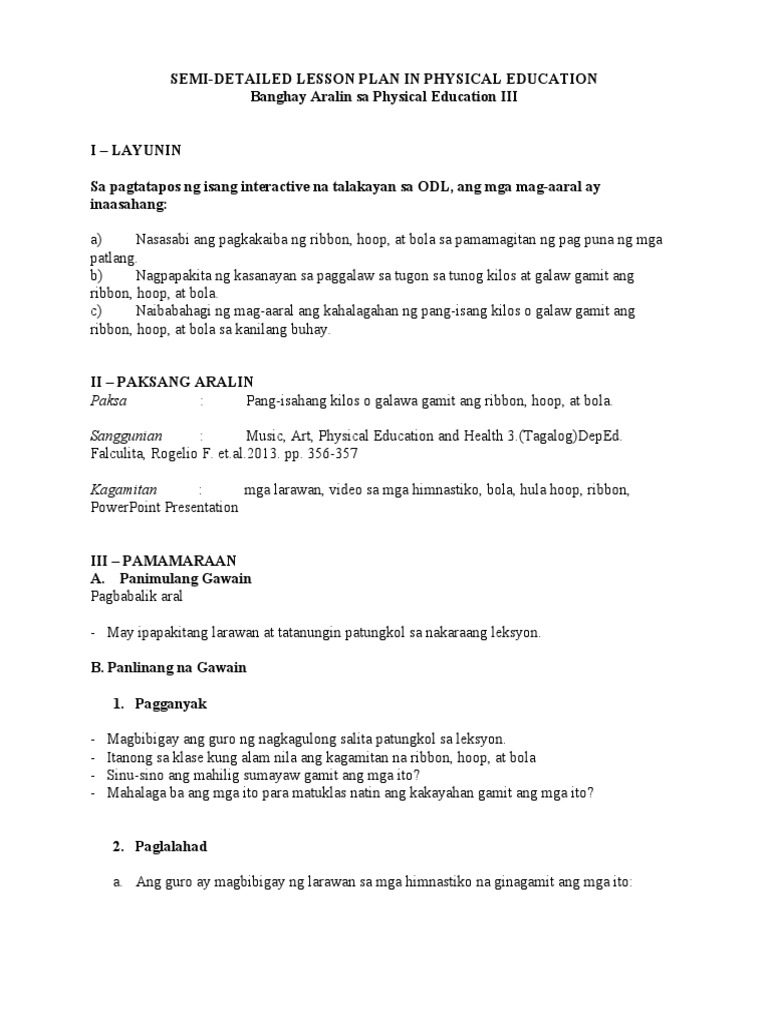 A Semi Detailed Lesson Plan P.E | PDF