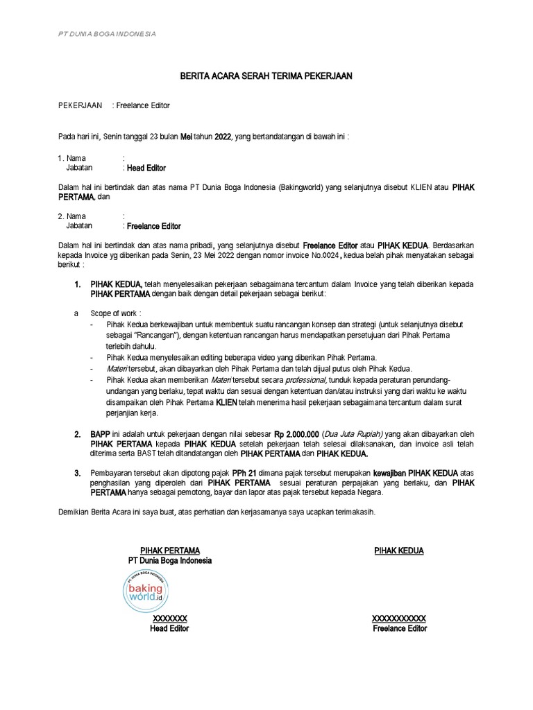 Contoh Surat BAST Pekerjaan Editor | PDF