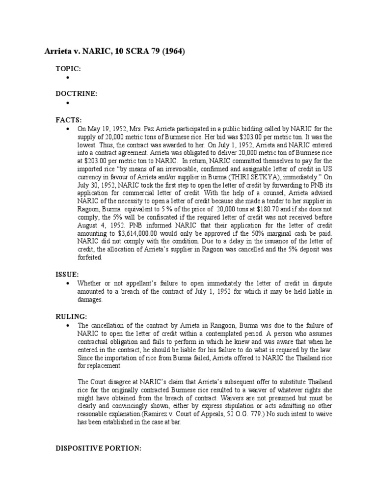 122 - Arrieta v. NARIC, 10 SCRA 79 (1964) | PDF | Letter Of Credit ...