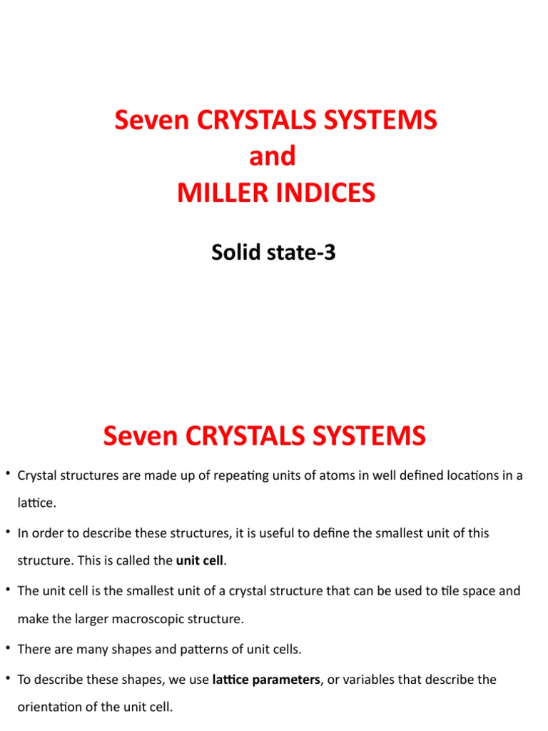 Solid State-Seven CRYSTALS SYSTEMS and Miller Indices | PDF | Crystal ...
