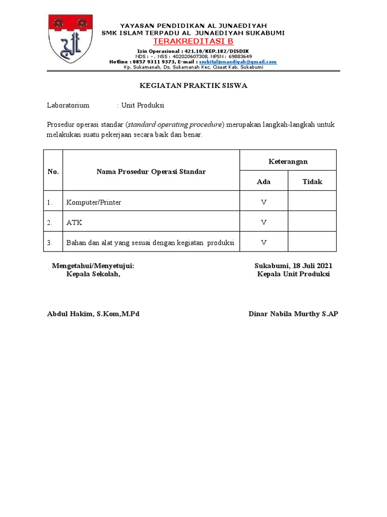 SOP Unit Produksi SMK Al Junaediyah | PDF