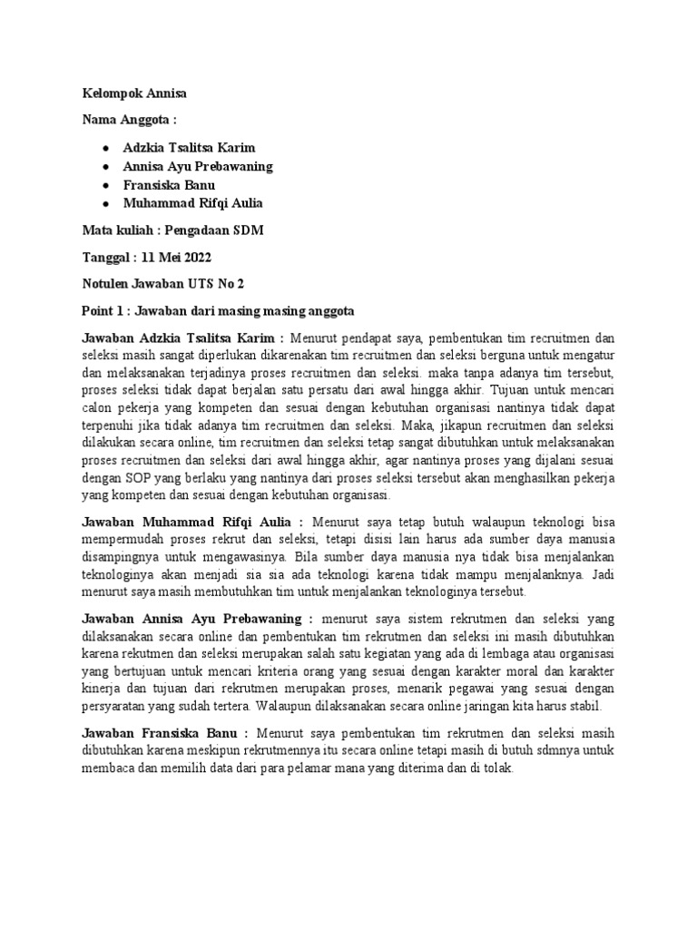 Pengadaan SDM - Notulen Jawaban UTS No 2 - Kel Annisa | PDF Pengadaan SDM - Notulen Jawaban UTS No 2 - Kel Annisa | PDF