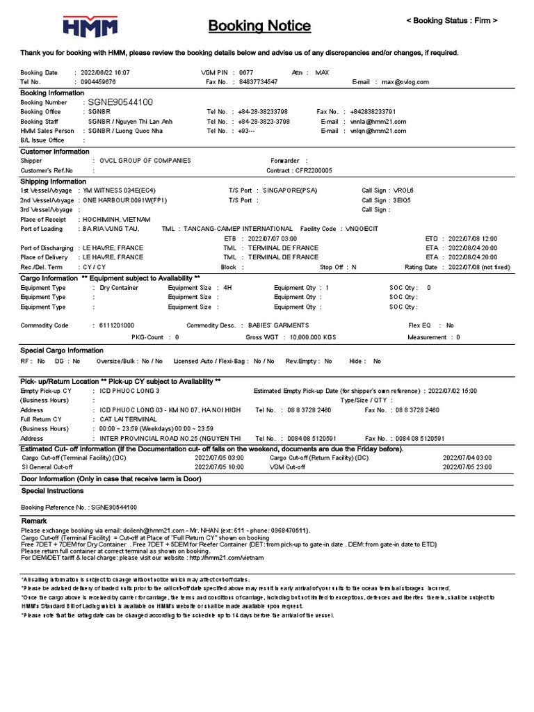 Booking Notice: SGNE90544100 | PDF | Cargo | Trade