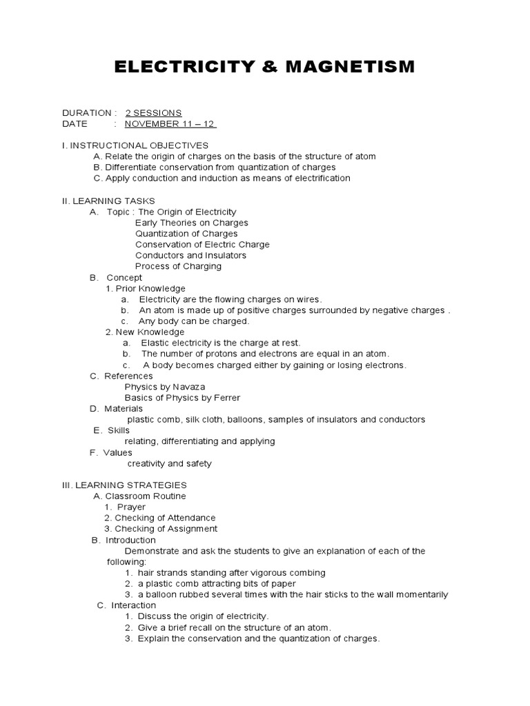 Lesson Plan ELECTRICITY - Magnetism | PDF | Electromagnetic Induction ...