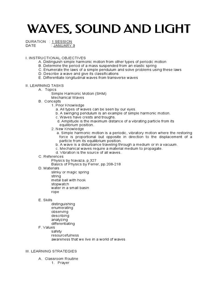Lesson Plan WAVES, SOUND - LIGHT | PDF | Sound | Waves
