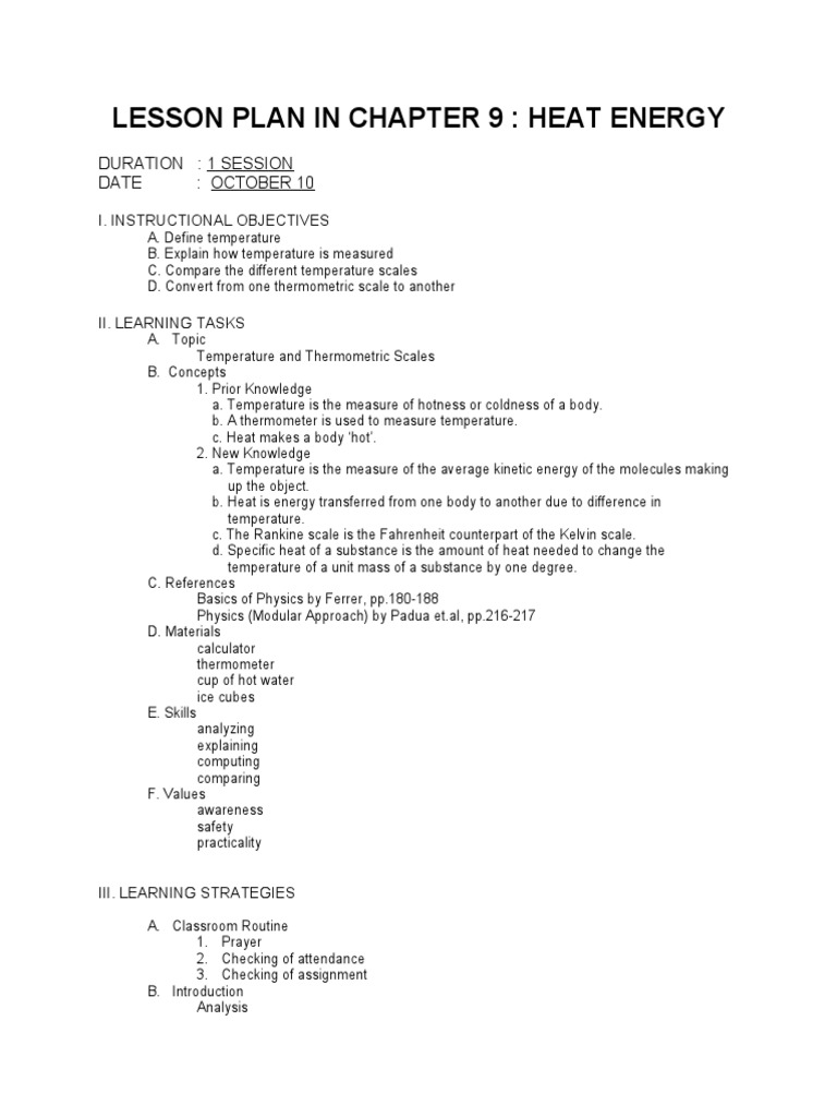 Lesson Plan in Chapter 9 | PDF | Heat | Temperature